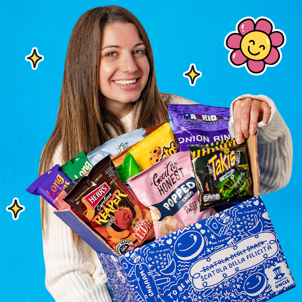 Salzige Snack-Box mit mindestens 18 internationalen Produkten ...