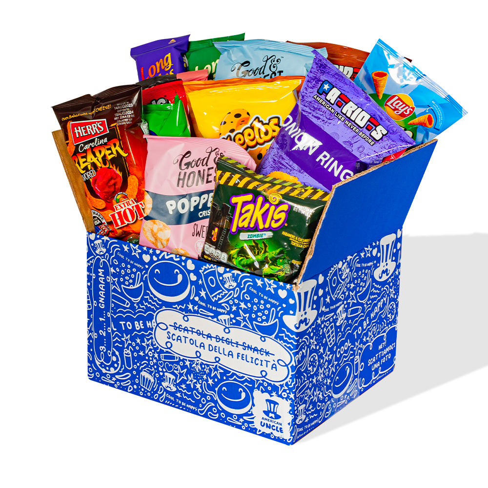 Salzige Snack-Box mit mindestens 18 internationalen Produkten ...